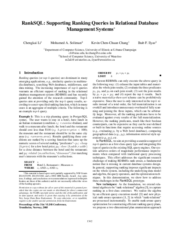 (PDF) RankSQL: Supporting Ranking Queries In Relational Database Management Systems