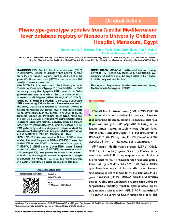 (PDF) Phenotype-genotype updates from familial Mediterranean fever ...