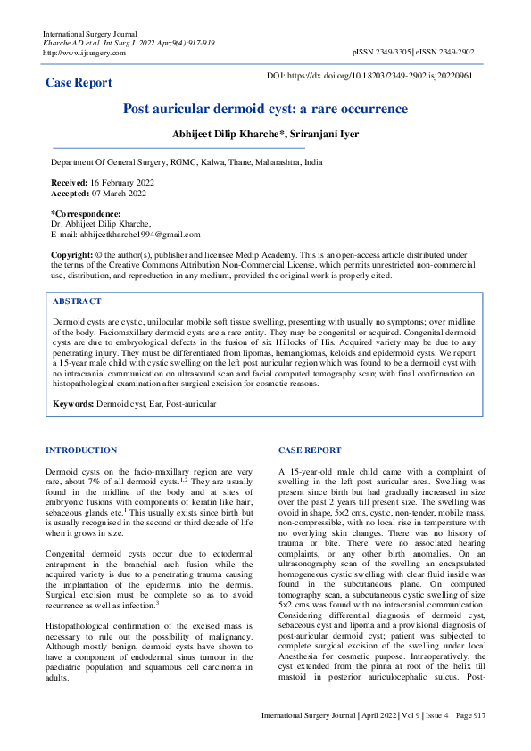 (PDF) Post auricular dermoid cyst: a rare occurrence
