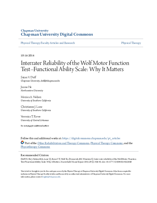 (PDF) Interrater Reliability of the Wolf Motor Function Test-Functional ...