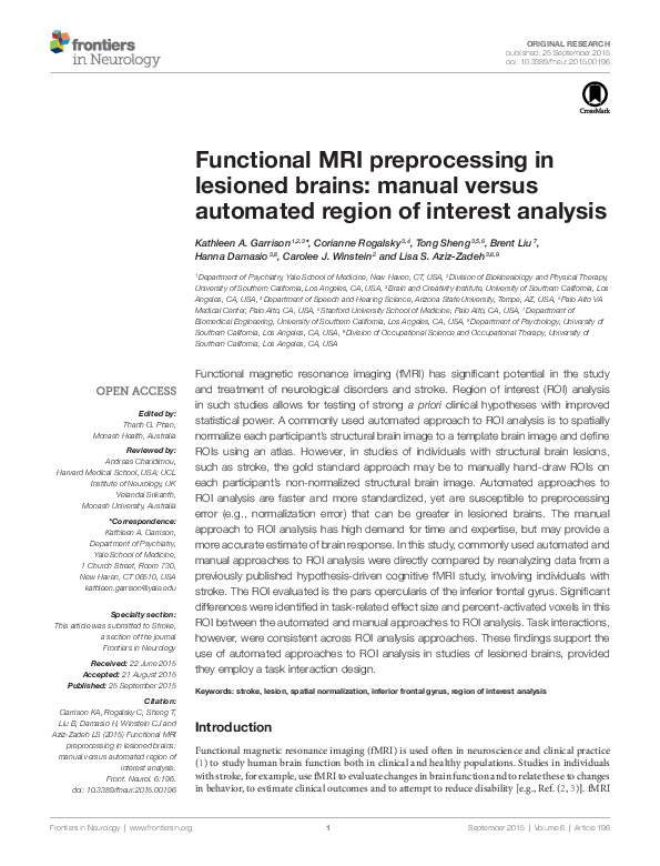 (PDF) Functional MRI Preprocessing in Lesioned Brains: Manual Versus ...
