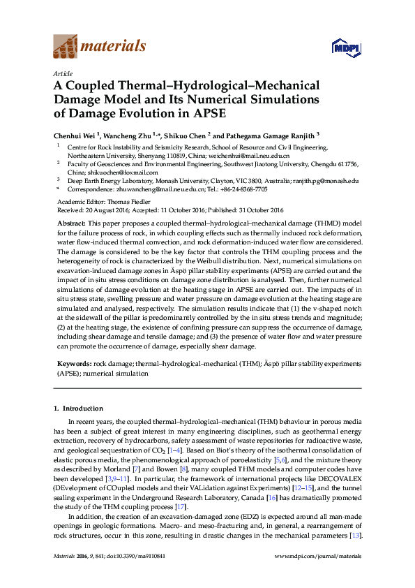 (PDF) A Coupled Thermal–Hydrological–Mechanical Damage Model and Its Numerical Simulations of ...
