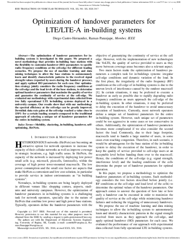 (PDF) Optimization of Handover Parameters for LTE/LTE-A in-Building Systems
