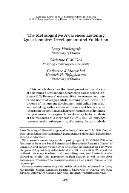 (PDF) The Metacognitive Awareness Listening Questionnaire: Development and Validation