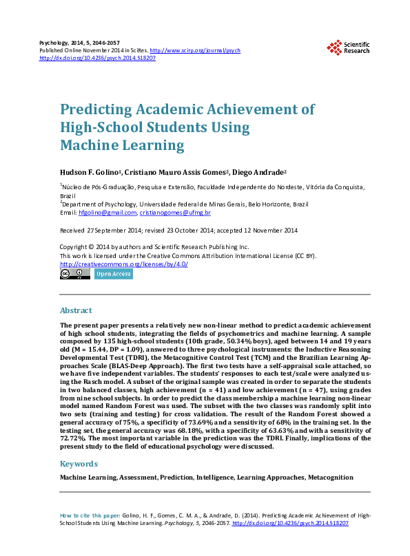(PDF) Predicting Academic Achievement of High-School Students Using Machine Learning
