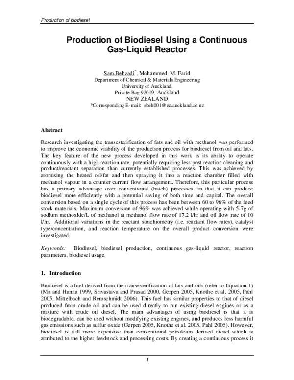 (PDF) Production of biodiesel using a continuous gas–liquid reactor