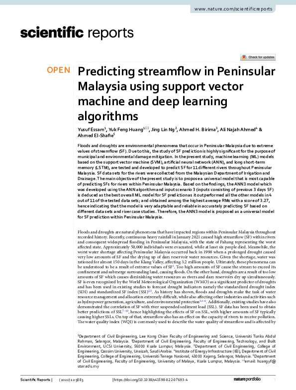 (PDF) Predicting streamflow in Peninsular Malaysia using support vector machine and deep ...