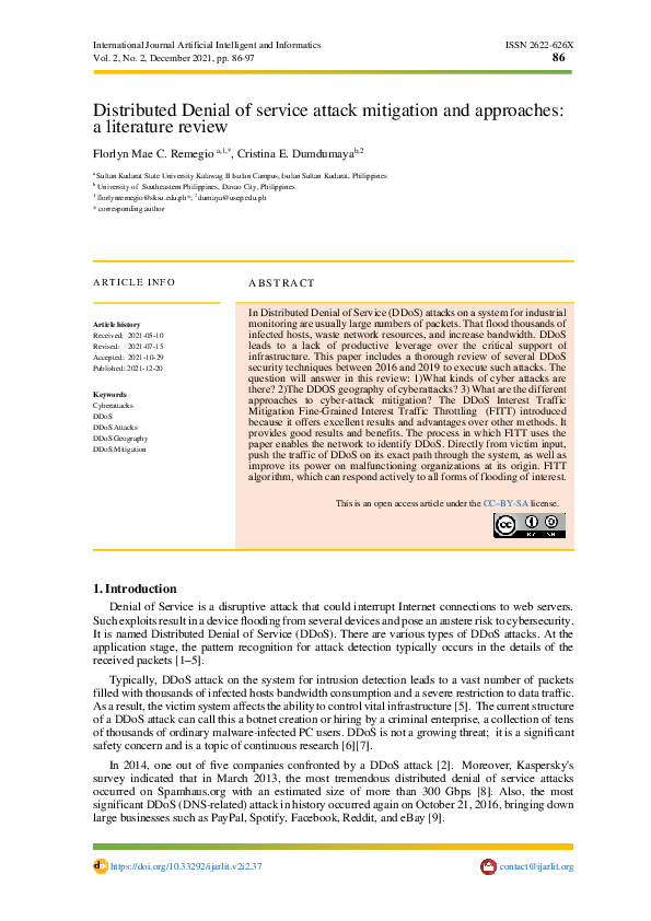 Pdf Distributed Denial Of Service Attack Mitigation And Approaches A Literature Review