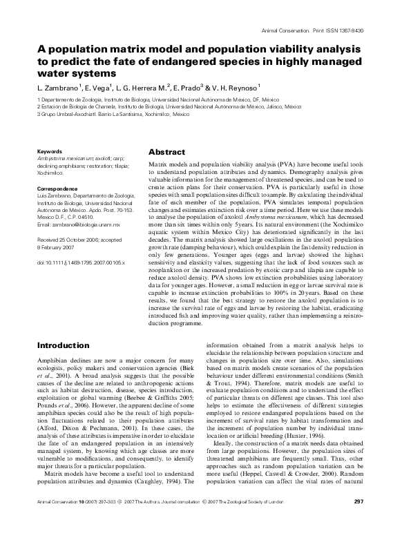 (PDF) A population matrix model and population viability analysis to ...