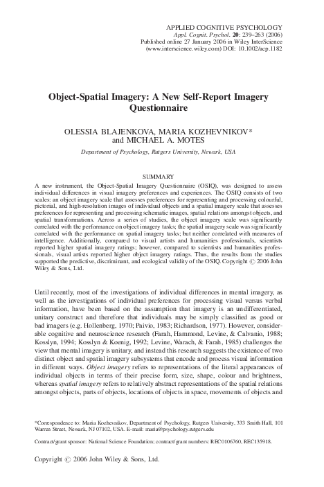 (PDF) Object-spatial imagery: a new self-report imagery questionnaire