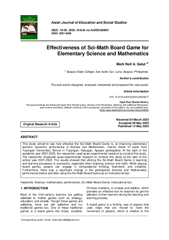 (PDF) Effectiveness of Sci-Math Board Game for Elementary Science and ...