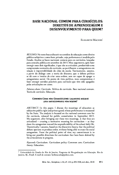 (PDF) Base Nacional Comum para Currículos: direitos de aprendizagem e ...