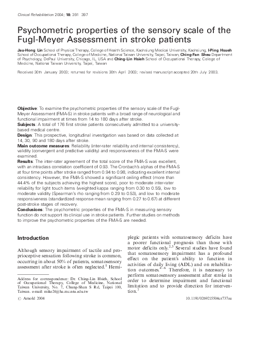 (PDF) Psychometric properties of the sensory scale of the Fugl-Meyer Assessment in stroke patients