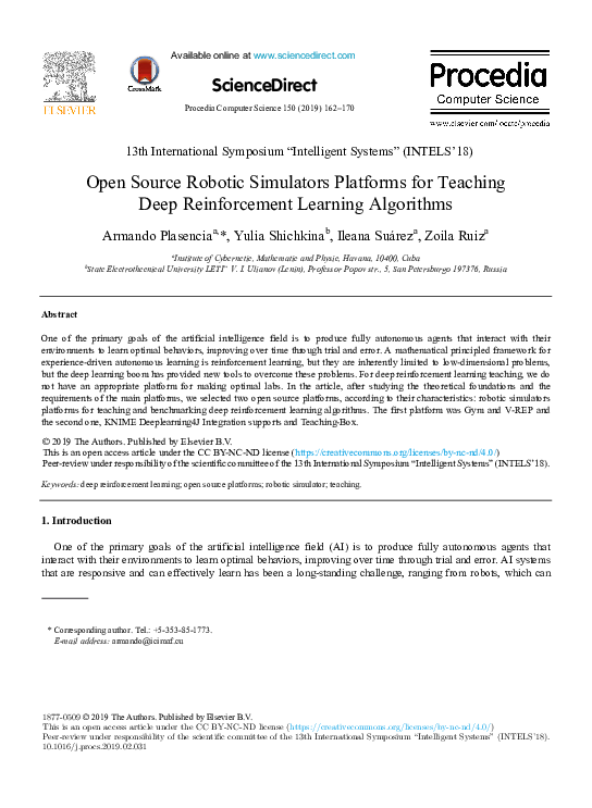 (PDF) Open Source Robotic Simulators Platforms for Teaching Deep Reinforcement Learning Algorithms