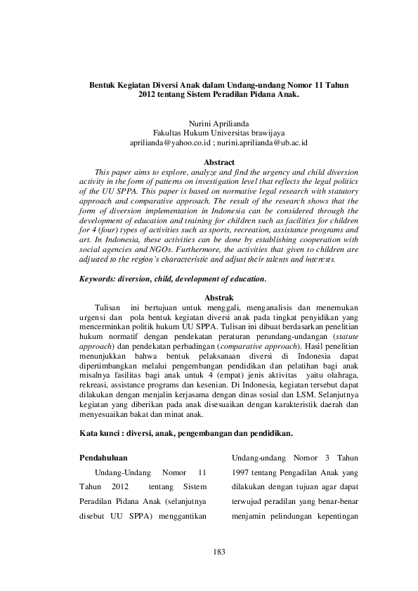 (PDF) Bentuk Kegiatan Diversi Anak Dalam Undang-Undang Nomor 11 Tahun 2012 tentang Sistem ...