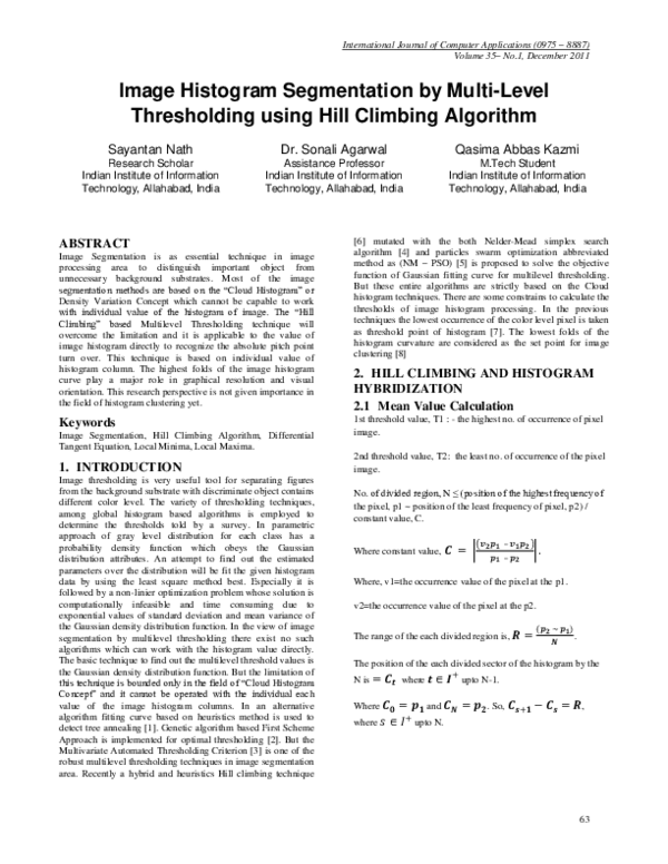 (PDF) Image Histogram Segmentation by Multi-Level Thresholding using Hill Climbing Algorithm