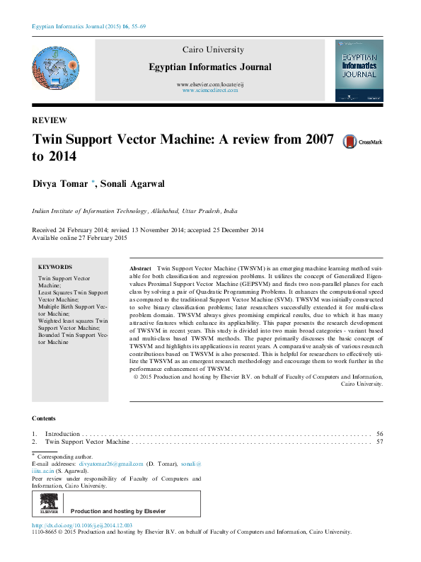 (PDF) Twin Support Vector Machine: A review from 2007 to 2014