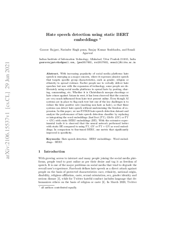(PDF) Hate Speech Detection Using Static BERT Embeddings