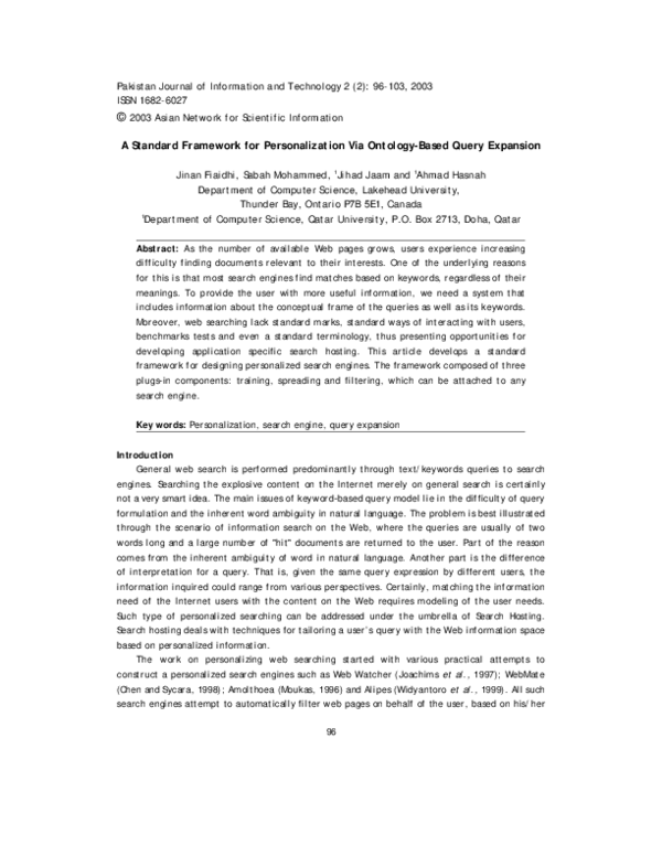 (PDF) A Standard Framework for Personalization Via Ontology-Based Query Expansion