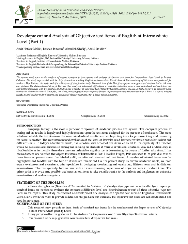 (PDF) Development and Analysis of Objective test Items of English at ...
