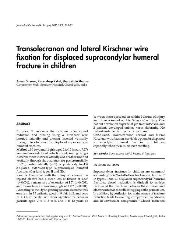 (PDF) Transolecranon and lateral Kirschner wire fixation for displaced ...