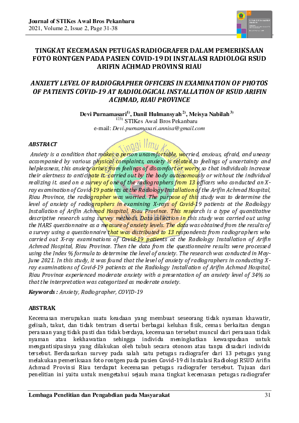 (PDF) Tingkat Kecemasan Petugas Radiografer Dalam Pemeriksaan Foto ...