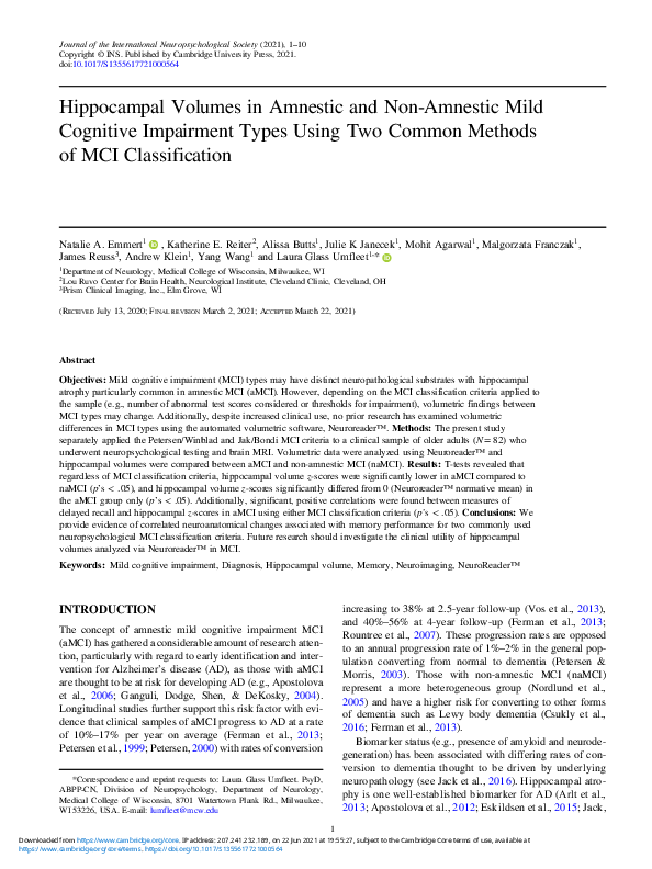 (PDF) Hippocampal Volumes in Amnestic and Non-Amnestic Mild Cognitive Impairment Types Using Two ...