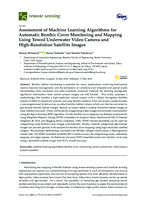 Pdf Assessment Of Machine Learning Algorithms For Automatic Benthic Cover Monitoring And