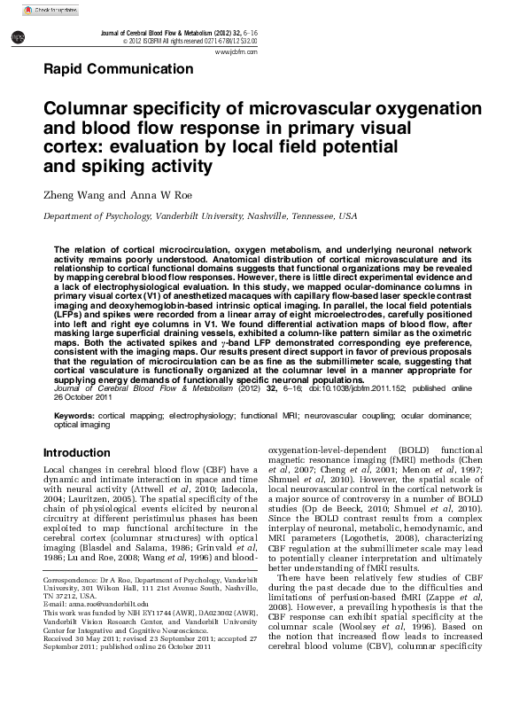 (PDF) Columnar specificity of microvascular oxygenation and blood flow response in primary ...