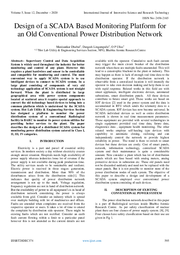 Pdf Design Of A Scada Based Monitoring Platform For An Old Conventional Power Distribution Network