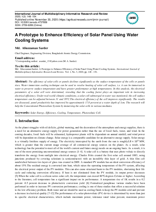 (PDF) A Prototype to Enhance Efficiency of Solar Panel Using Water ...