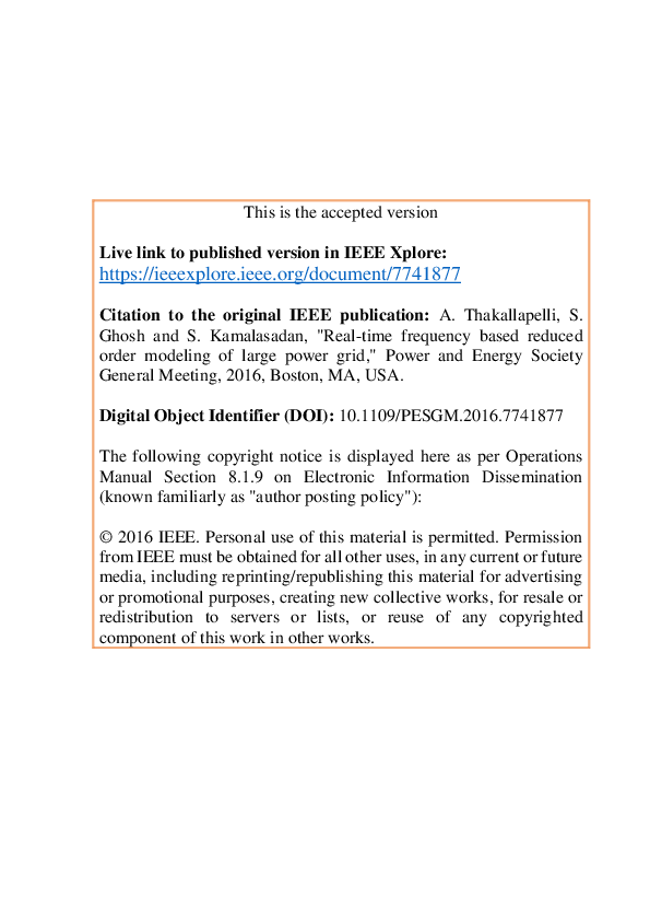 Pdf Real Time Frequency Based Reduced Order Modeling Of Large Power Grid