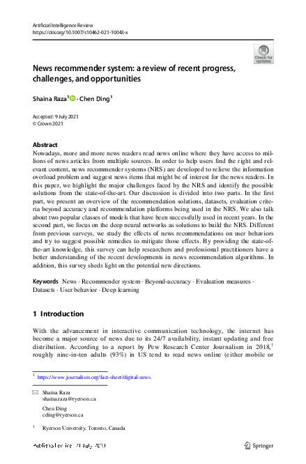 (PDF) News recommender system: a review of recent progress, challenges ...