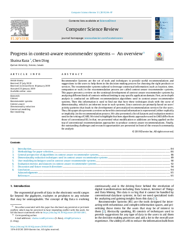 (PDF) Progress in context-aware recommender systems — An overview