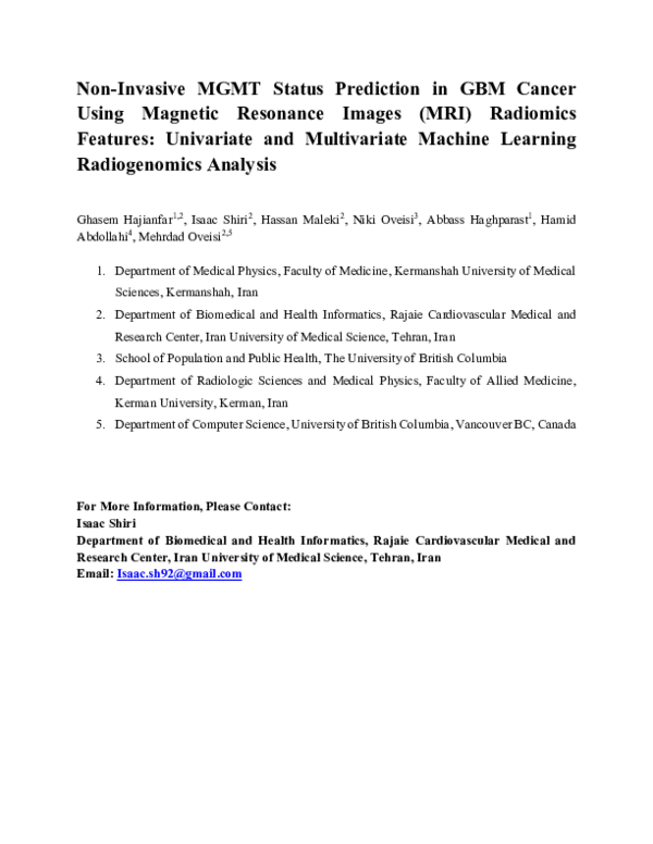 (PDF) Non-Invasive MGMT Status Prediction in GBM Cancer Using Magnetic Resonance Images (MRI ...