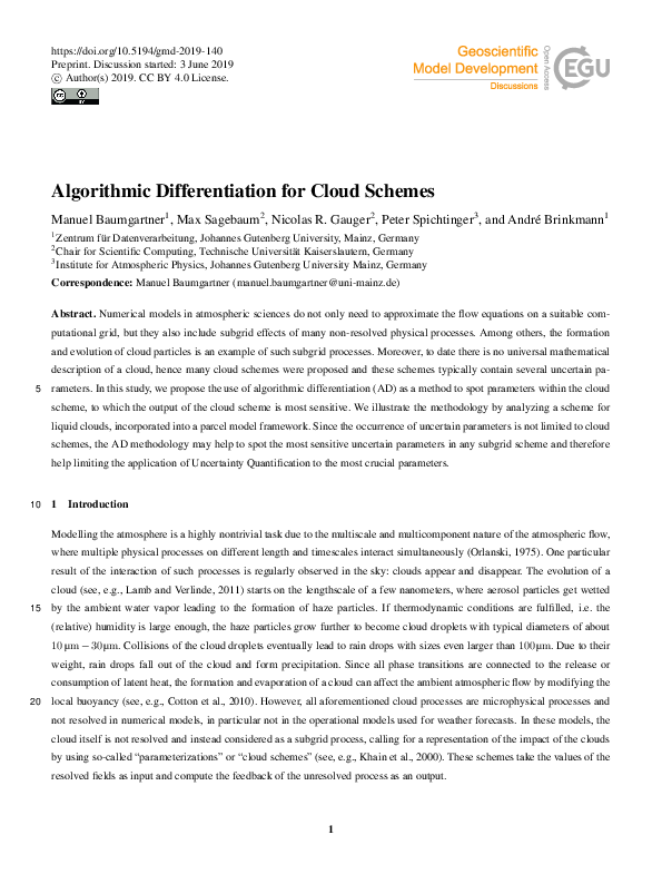 (PDF) Algorithmic Differentiation for Cloud Schemes