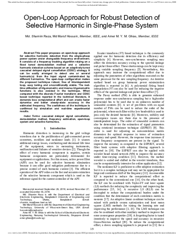 (PDF) Open-Loop Approach for Robust Detection of Selective Harmonic in Single-Phase System