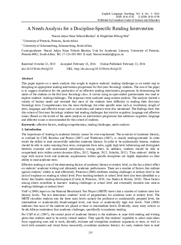 (PDF) A Needs Analysis for a Discipline-Specific Reading Intervention