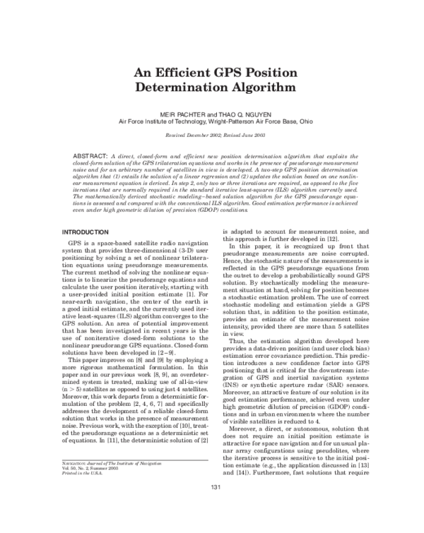 Pdf An Efficient Gps Position Determination Algorithm
