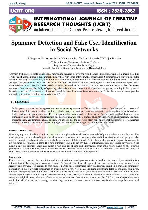 Pdf Spammer Detection And Fake User Identification In Social Networks