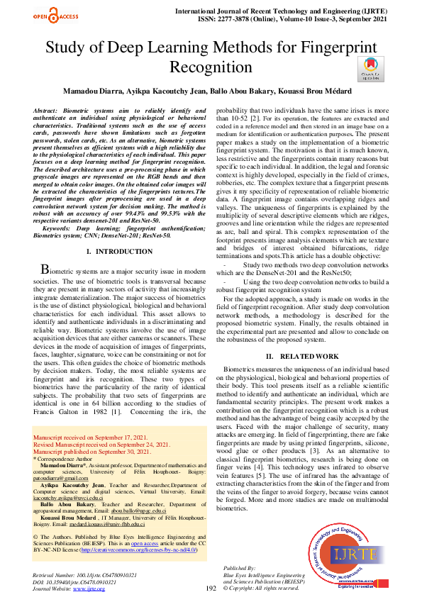 (PDF) Study of Deep Learning Methods f or Fingerprint Recognition
