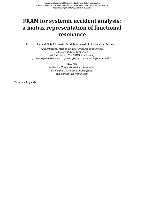 (PDF) FRAM for Systemic Accident Analysis: A Matrix Representation of ...