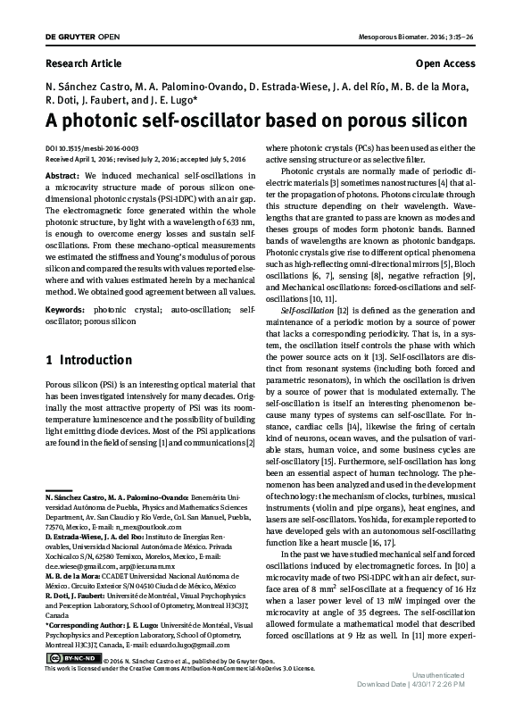 (PDF) A photonic self-oscillator based on porous silicon