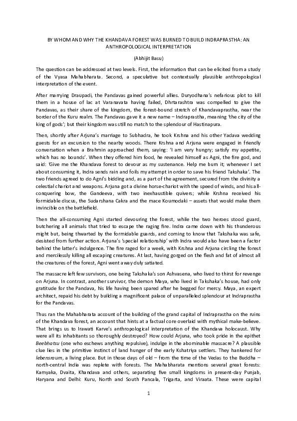 (DOC) BY WHOM AND WHY THE KHANDAVA FOREST WAS BURNED TO BUILD INDRAPRASTHA