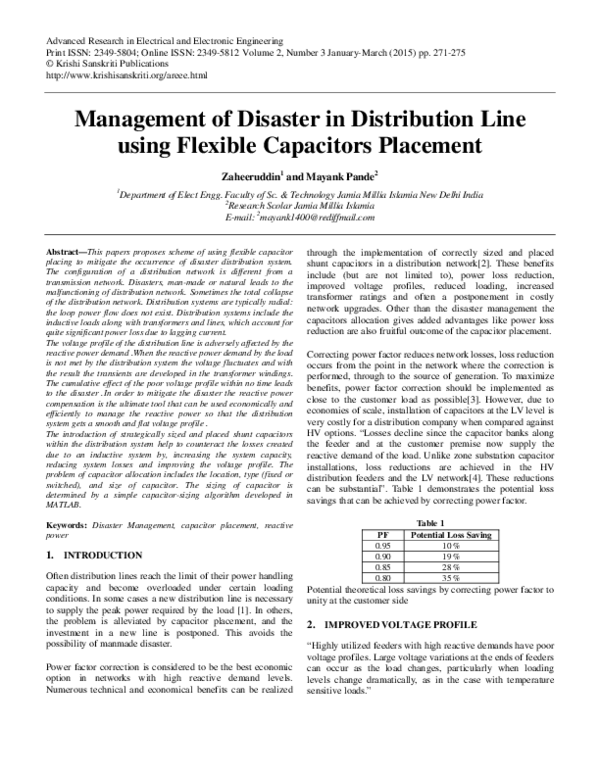 (PDF) Management of Disaster in Distribution Line using Flexible Capacitors Placement