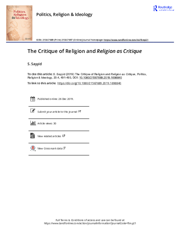 (PDF) The Critique of Religion and Religion as Critique