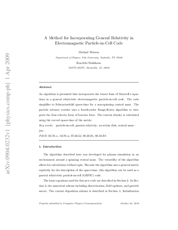 (PDF) A method for incorporating the Kerr–Schild metric in electromagnetic particle-in-cell code