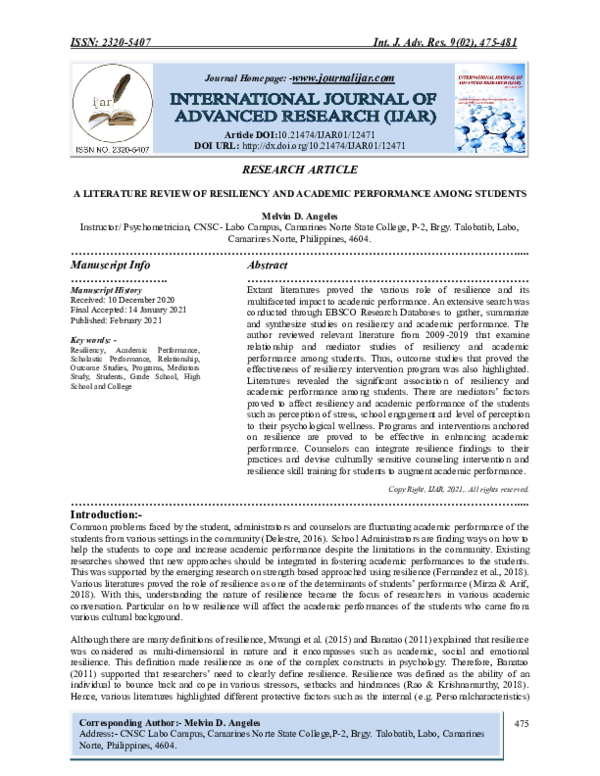 (PDF) A Literature Review of Resiliency and Academic Performance Among Students