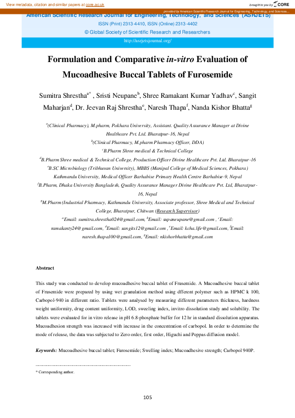 Pdf Formulation And Comparative In Vitro Evaluation Of Mucoadhesive Buccal Tablets Of Furosemide