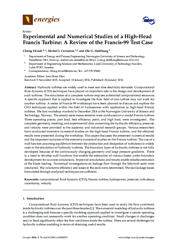 (PDF) Experimental and Numerical Studies of a High-Head Francis Turbine: A Review of the Francis ...